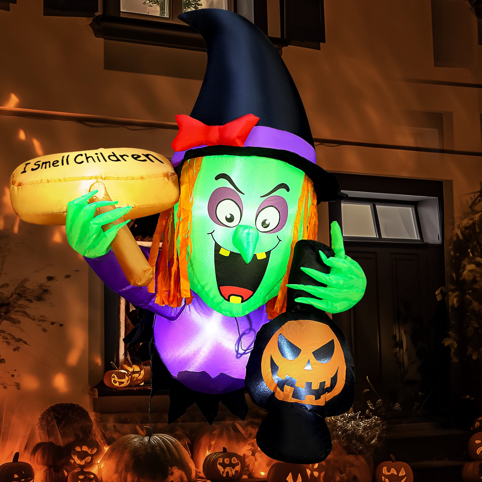 Posrue 4ft Halloween Inflatable Scary Witch Rush Out of Window ,with B